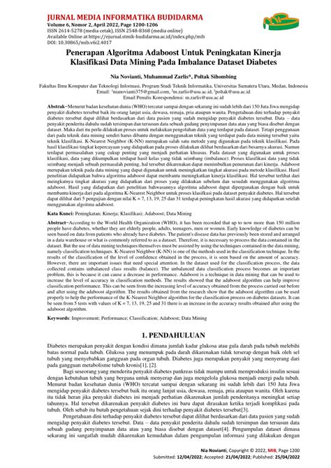 Pdf Penerapan Algoritma Adaboost Untuk Peningkatan Kinerja Klasifikasi Data Mining Pada