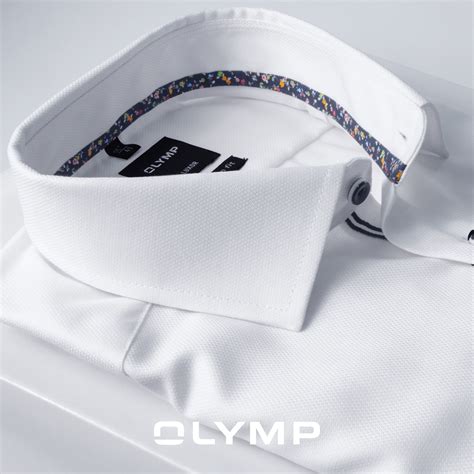 Olymp เสื้อเชิ้ตผู้ชาย แขนยาว ทรงตรง รีดง่ายแต่งสาบสีกรมท่า ผ้าเท็กเจอร์สีขาว Luxor Olymp