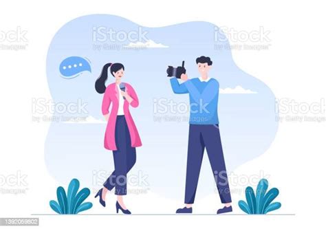 플랫 스타일 만화 일러스트레이션의 장비 뉴스 마이크 기자 및 인터뷰 스피치 미디어 이벤트가있는 저널리즘 또는 소셜 방송