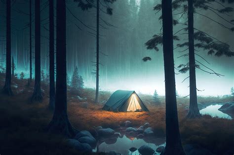 Premium Photo Camping In A Dark Foggy Forest Campfire Night Forest
