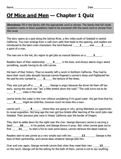 Of Mice And Men Chapter 1 Quiz John Steinbeck Teaching Resources