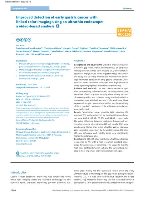 Pdf Improved Detection Of Early Gastric Cancer With Linked Color Imaging Using An Ultrathin