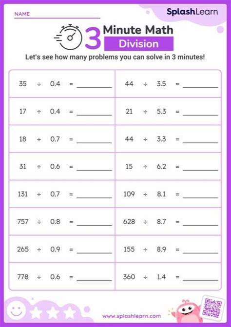 Divide Whole Numbers By Tenths With Remainder Horizontal Timed Practice Worksheet Printable