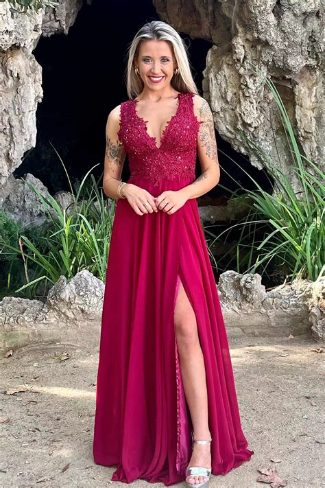 Vintage Red V Neck Split Long Prom Dress With Appliques Ed0440
