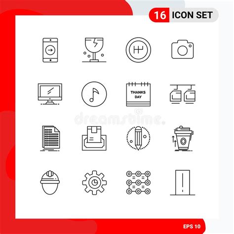 Set Of 16 Vector Outlines On Grid For Device Computer Shipping Camera Image Stock Vector