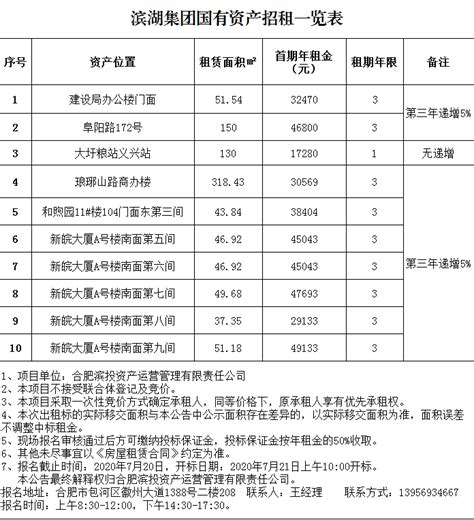 滨湖集团国有资产招租公告 合肥滨湖投资控股集团有限公司