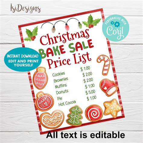 Christmas Bakery Menu Template Editable Holiday Treat Pricing Flyer