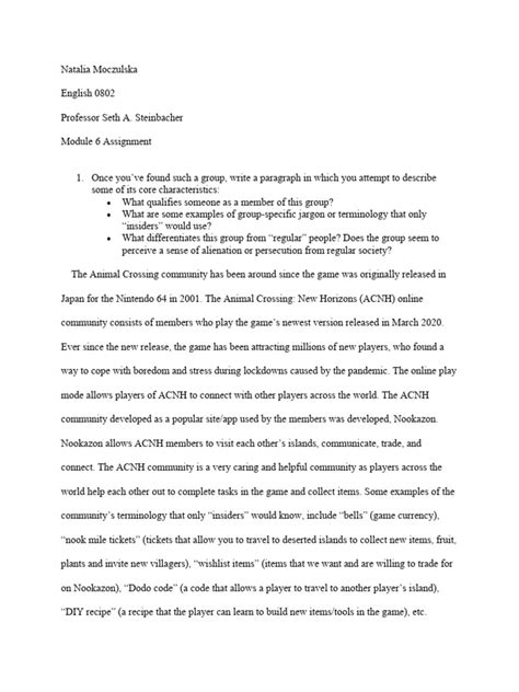 Module 6 Assignment Natalia Moczulska Pdf Sports And Recreation