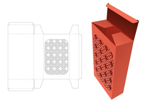 스텐실 패턴 창 다이 컷 템플릿 및 3d 모형이 있는 판지 상자 프리미엄 벡터