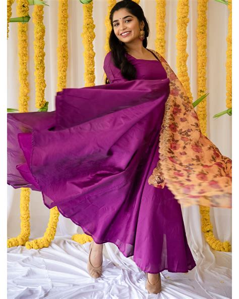 Purple Flared Dress With Organza Dupatta Set Of Two By Athira Designs