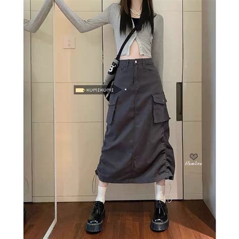 Dark Grey Cargo Midi Skirt Acubi Womens Fashion Bottoms Skirts On