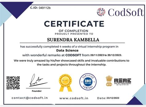 Finished Data Science Internship With Codsoft Surendra Kambella