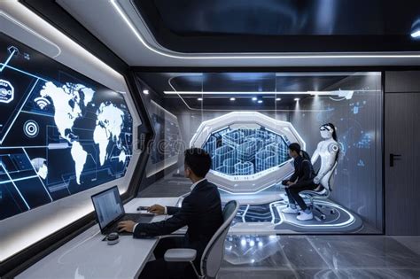 Futuristic Office Space With Humans And Robots Collaborating On A Project A Futuristic Office