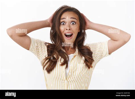 Close Up Nervous Surprised Young Woman With Freckles Receive