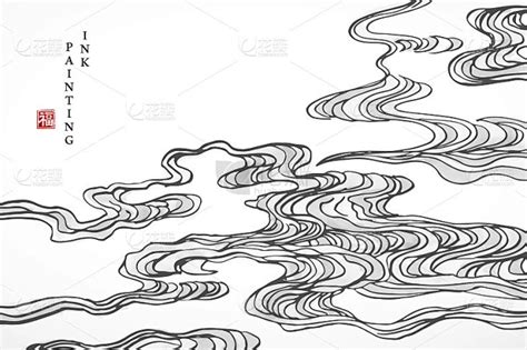 水彩水墨艺术矢量纹理插画东方螺旋曲线云背景。中文的意思是祝福素材 花瓣网