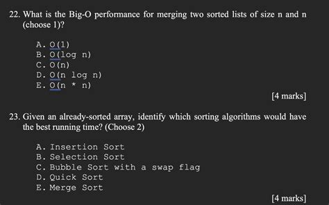 solved 22 what is the big o performance for merging two