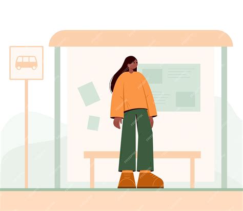 Premium Vector Young Woman Waiting For The Bus While Standing At The