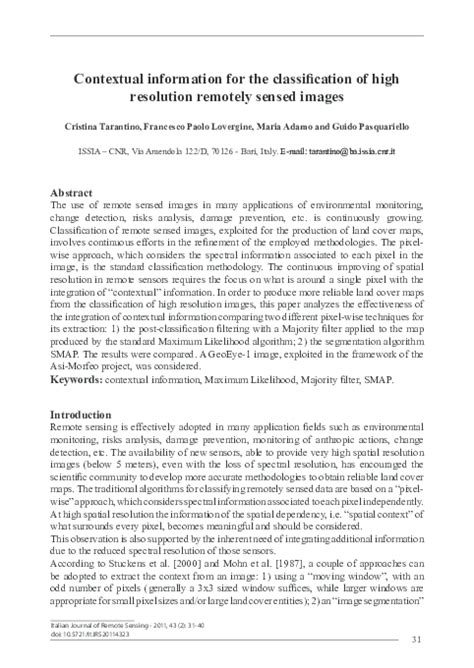 Pdf Contextual Information For The Classification Of High Resolution Remotely Sensed Images
