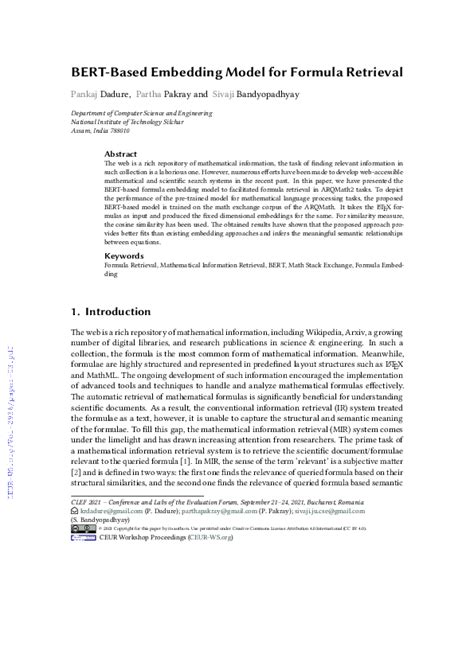 Pdf Bert Based Embedding Model For Formula Retrieval Pankaj Kundan