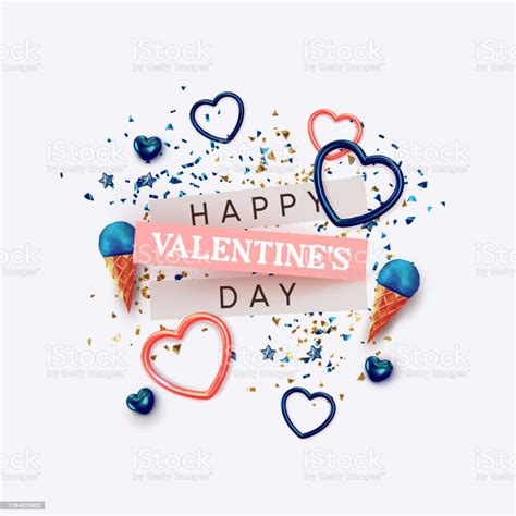 해피 발렌타인 데이 웹 사이트의 수평 배너 헤더 템플릿 로맨틱 한 사실적인 디자인 요소 3d 아이스크림 콘 블루와 핑크 금속 하트반짝 색종이 흩어져 있습니다 0명에 대한