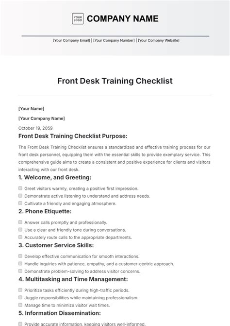Free Front Desk Training Checklist Template To Edit Online