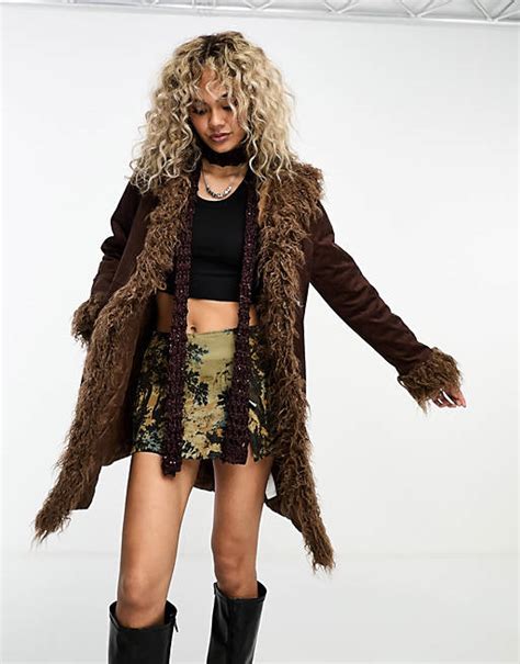Daisy Street Longline Faux Suede And Shearling Coat In Chocolate Asos