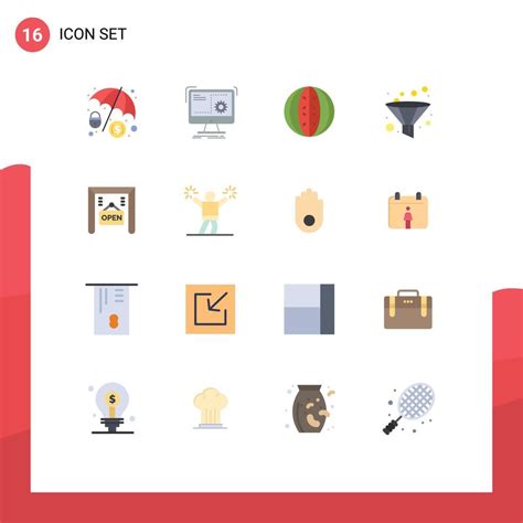 Pictogram Set Of 16 Simple Flat Colors Of Open Funnel Drink Filter Watermelon Editable Pack Of