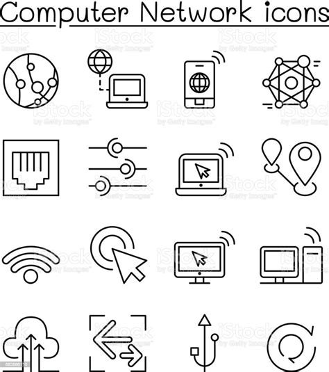 コンピューター ネットワーク アイコンを薄い線のスタイルの設定 Eコマースのベクターアート素材や画像を多数ご用意 Eコマース