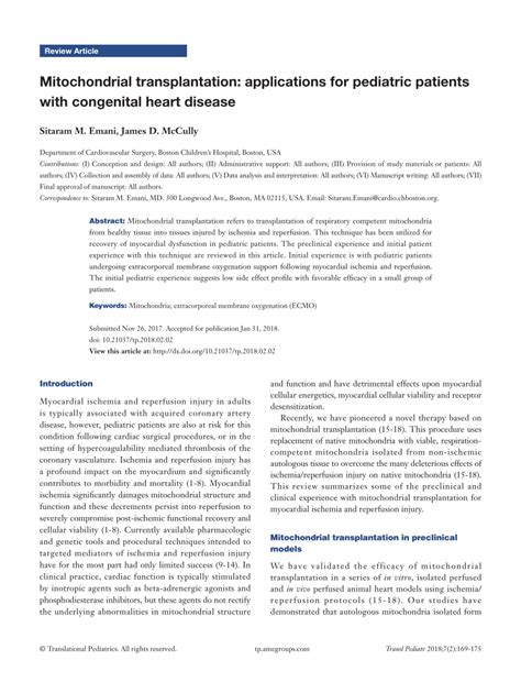 Pdf Mitochondrial Transplantation Applications For Pediatric