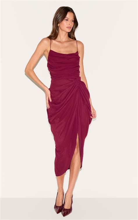 Robe Mi Longue En Mousseline De Soie Rouge Vin Froncée À Détail Drapé