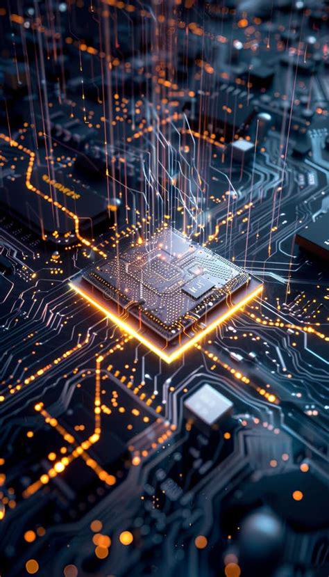 Close Up Of A Modern Chip On A Motherboard With Digital Data Streams