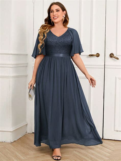 MIUSOL Plus Contrast Lace Butterfly Sleeve Chiffon Formal Dress SHEIN UK