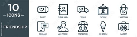 Friendship Outline Icon Set Includes Thin Line Ticket Phone Book