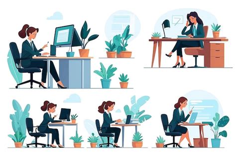 Premium Photo Business Characters Working In Office Desk Vector Set