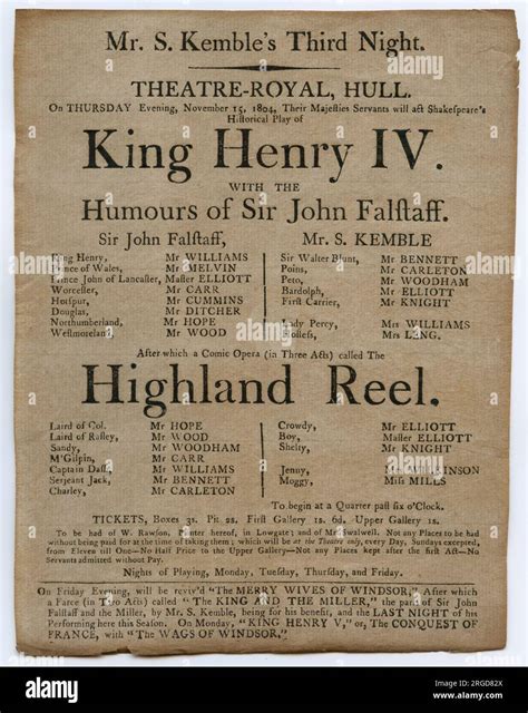 Stephen Kemble As Falstaff In Shakespeares King Henry Iv Playbill Theatre Royal Hull