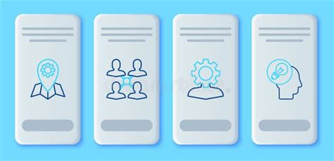 Set Line Project Team Base Human With Gear Inside Location Job And Head Lamp Bulb Icon Vector