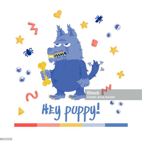 뼈와 할로윈 만화 캐릭터 늑대 강아지와 작은 패턴으로 손으로 그린 벡터 일러스트레이션 미스터리 할로윈 파티 포스터 인사말 카드의