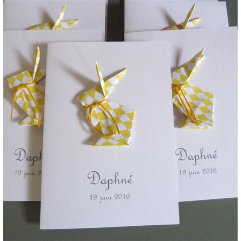 Faire part de baptême naissance pour garçon lapin jaune fait main