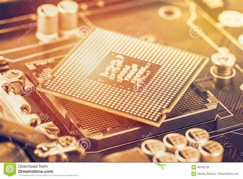 CPU Installation Close Up In The Motherboard Toned Stock Image Image Of Device Slot