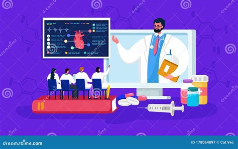 Medical Online Seminar Vector Illustration Cartoon Flat Tiny Doctor