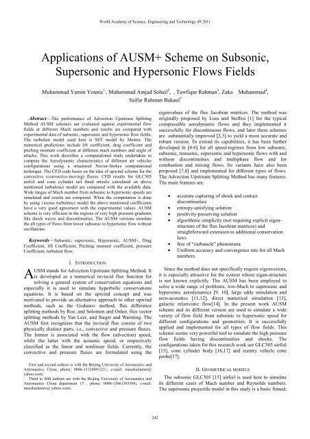 Applications Of Ausm Scheme On Subsonic Supersonic And