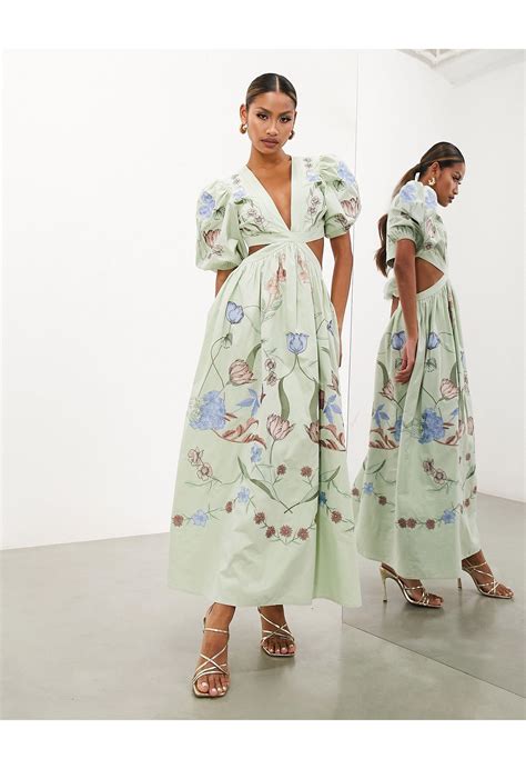 Asos Floral Embroidered Cut Out Puff Sleeve Midi Dress In Green Lyst