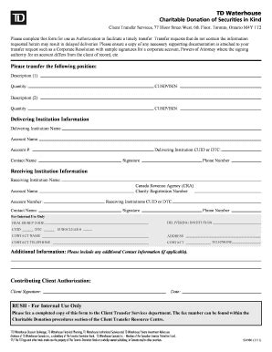 TD Waterhouse Charitable Donation Of Securities In Kind Form Fill And