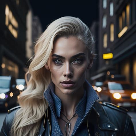 Premium Photo A Woman With Blonde Hair And A Blue Shirt Stands In The Street