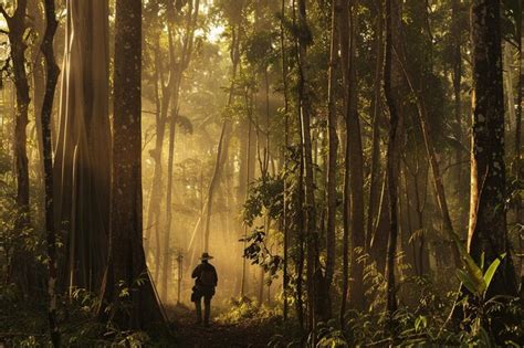 Premium Photo Amidst Towering Trees A Forest Ranger Traverses Pr
