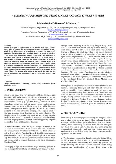 Pdf A Denoising Framework Using Linear And Non Linear Filters