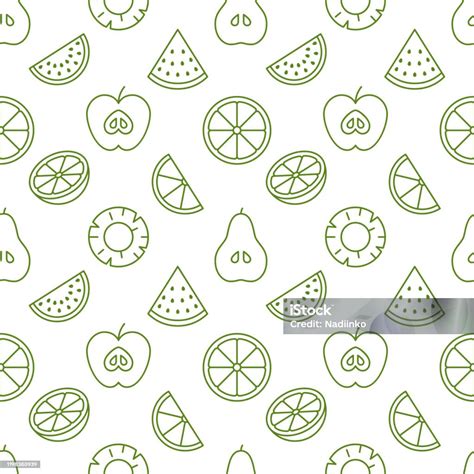 과일 배경 추상 적 음식 원활한 패턴 사과 바나나 수박 레몬 라인 아이콘 신선한 과일 벽지 채식 식료품 벡터 일러스트레이션 녹색 흰색 패턴에 대한 스톡 벡터 아트 및 기타