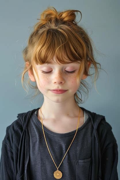 Portrait Of A Young Girl With Auburn Hair And Closed Eyes On A Grey