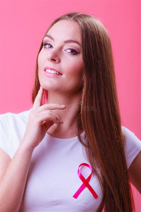 Woman Wih Pink Cancer Ribbon On Chest Stock Image Image Of Illness