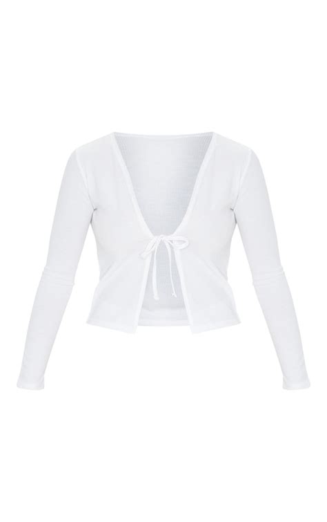 White Rib Tie Front Long Sleeve Crop Top Prettylittlething Usa